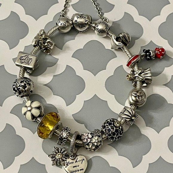 Pandora | Jewelry | Pandora Pave Heart Bracelet With 2 Charms | Poshmark
